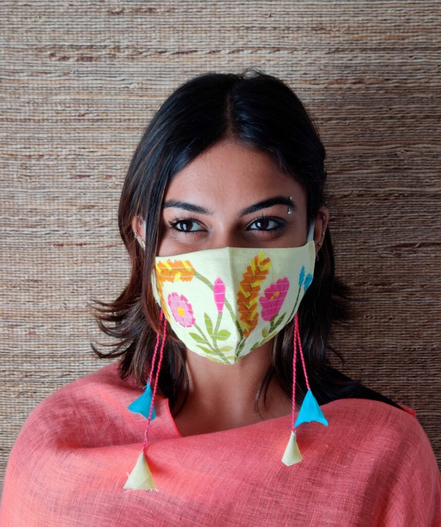 Stay Safe Linen Pastel Yellow Collage Mask | Calyz Textiles